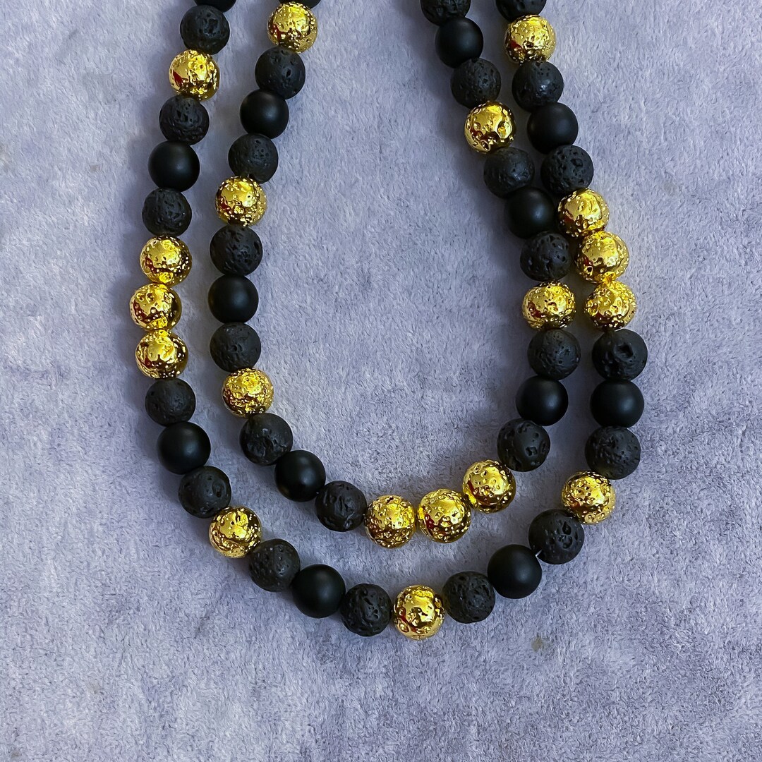 Black Onyx and Lava Stone Lariat Necklace, Lava Gold Beads - Etsy