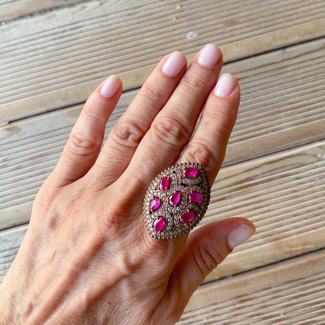 Red Ruby Gemstone , White Zircon Turkish Handmade Ottoman Ring, 925 ...