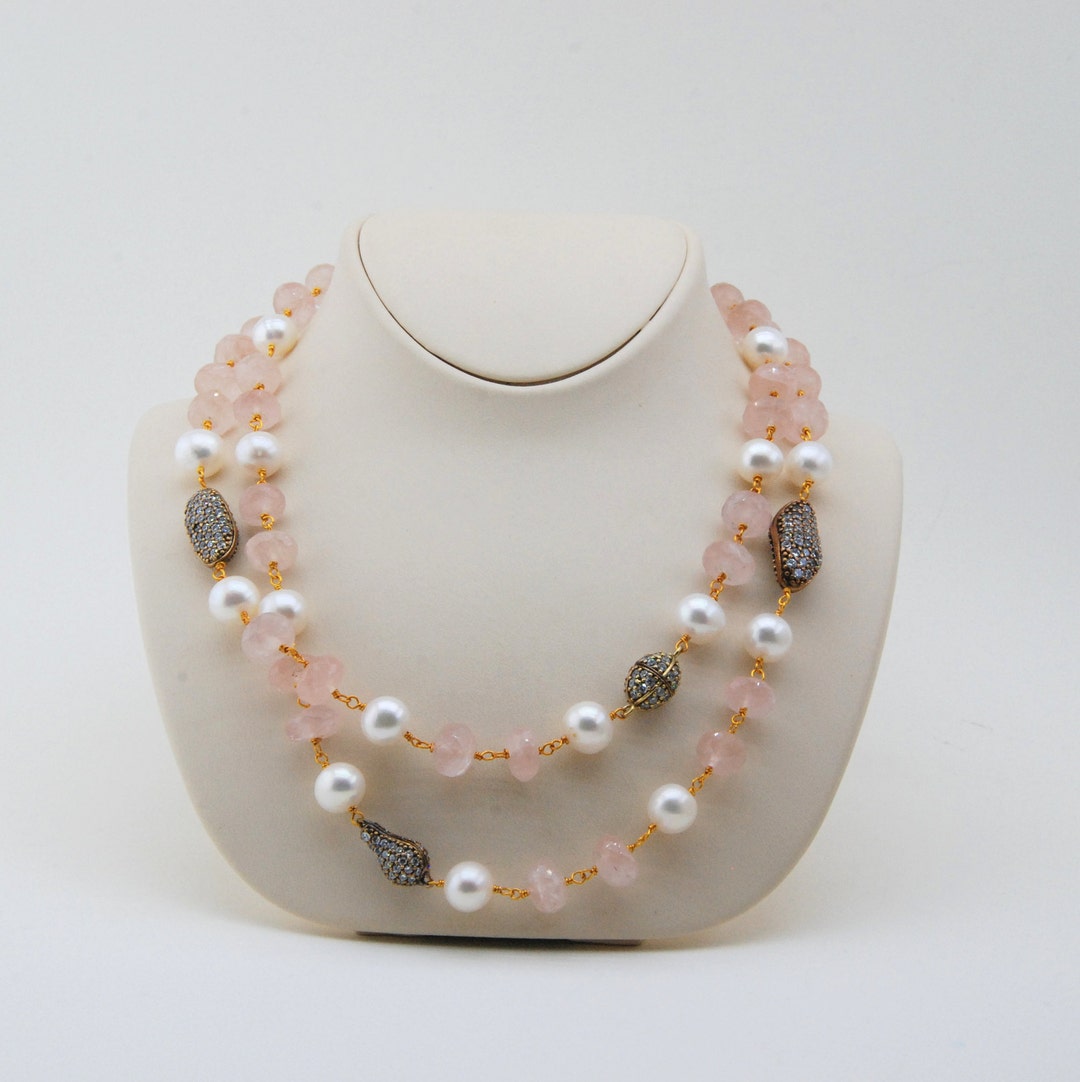 Pink Quartz Necklace, Pearl Necklace, Pink Boho Necklace, Pearl, Pale ...