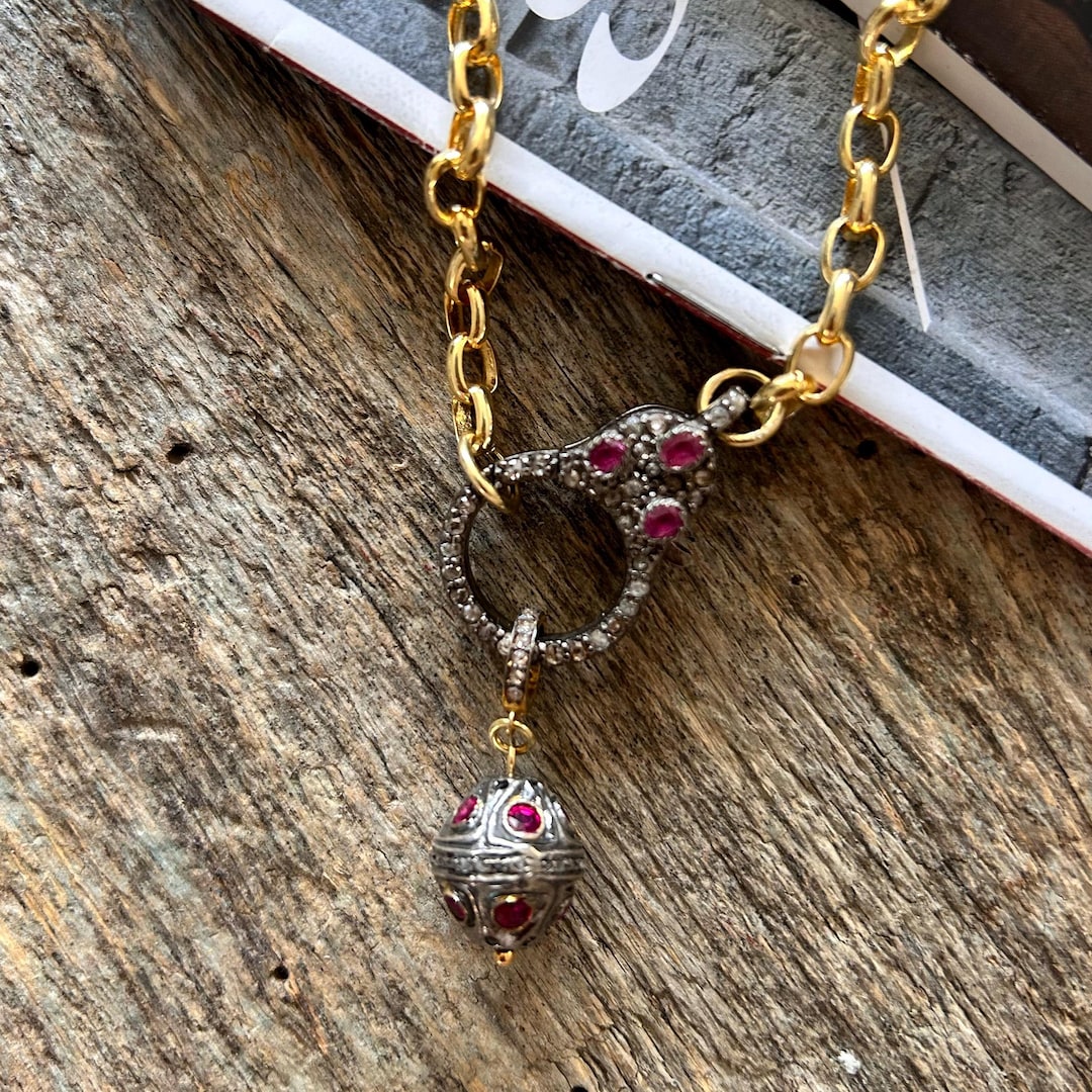 Ruby Lobster Claw Clasp, Pave Diamonds, 925 Sterling Silver, Ruby ...