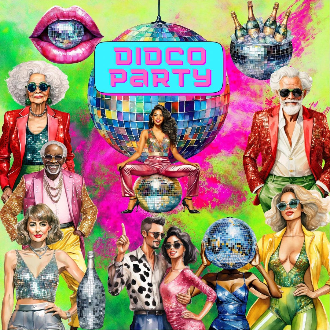 36 PNG Watercolor Disco Party Clipart 70s 80s 90s Retro Groovy Dance ...