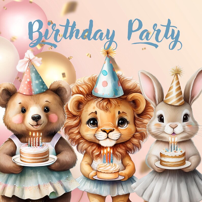 Cute Birthday Animals Clipart - PNG Digital Download - Kawaii Party ...