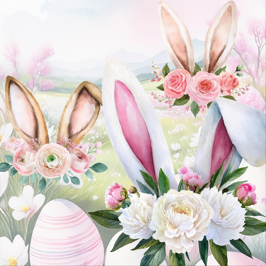 Easter Watercolor Clipart Bunny Ears and Flowers | Digital Bunny ...