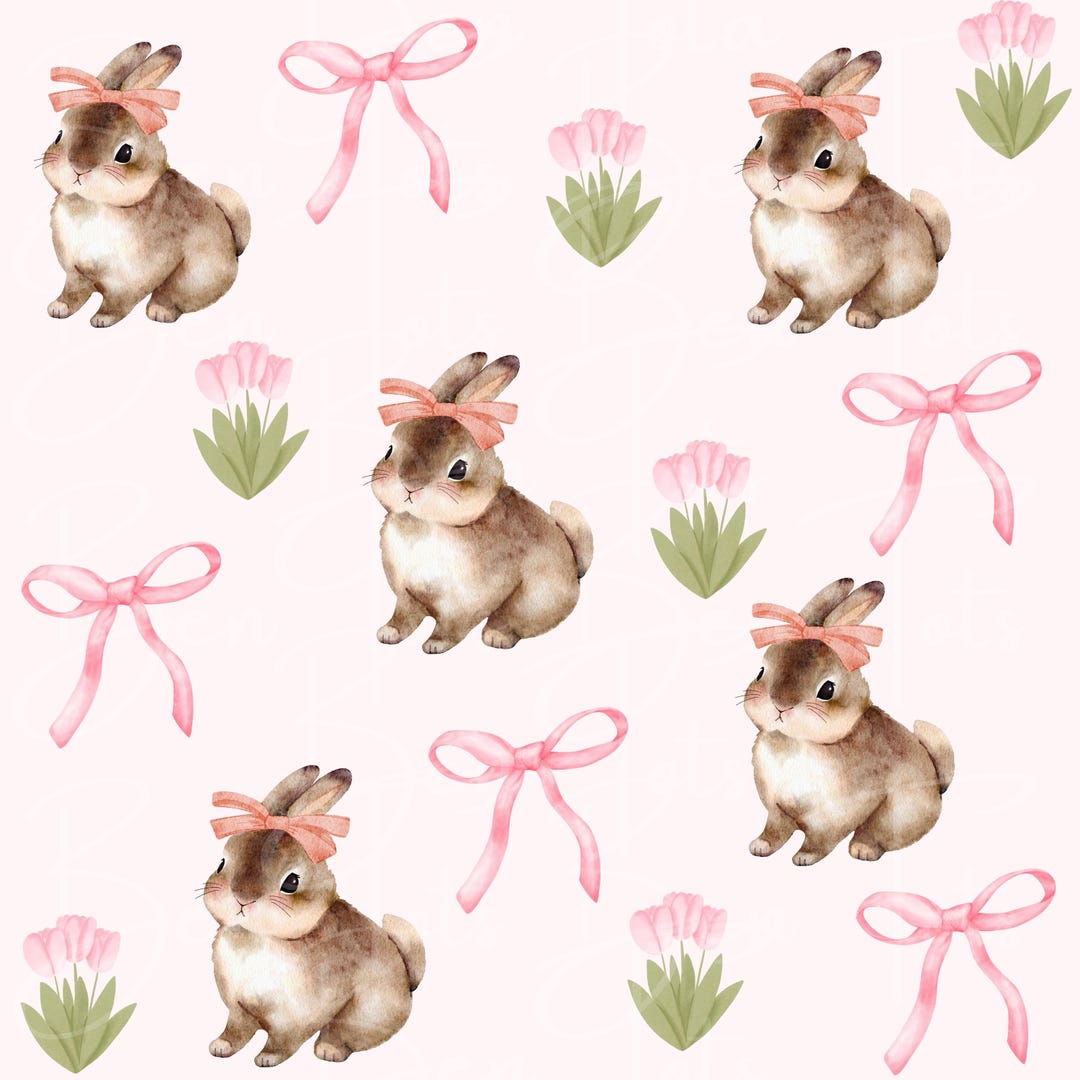 White Bunny With Pink Bows and Pink Tulips PNG JPG PDF | Cute Rabbit ...