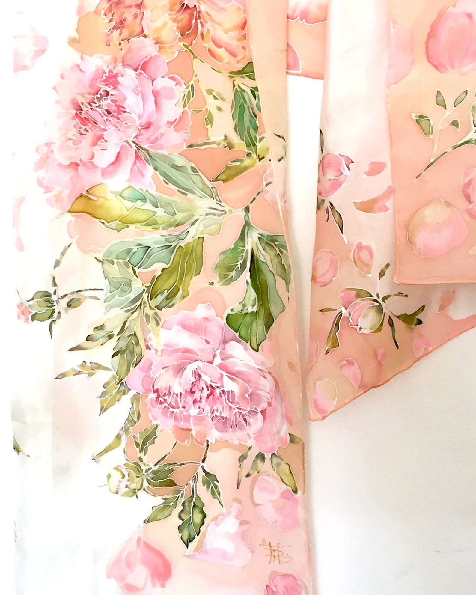 Pink Silk Scarf, Peonies Blossoms, Silk Neck Scarf, Hand Painted Scarf ...