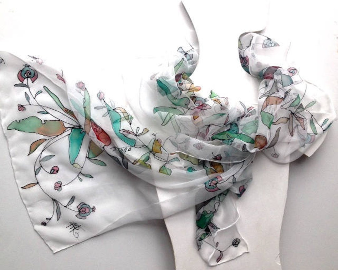 Luxurious White Silk Scarf With Floral Print – Hand-painted, Soft and ...