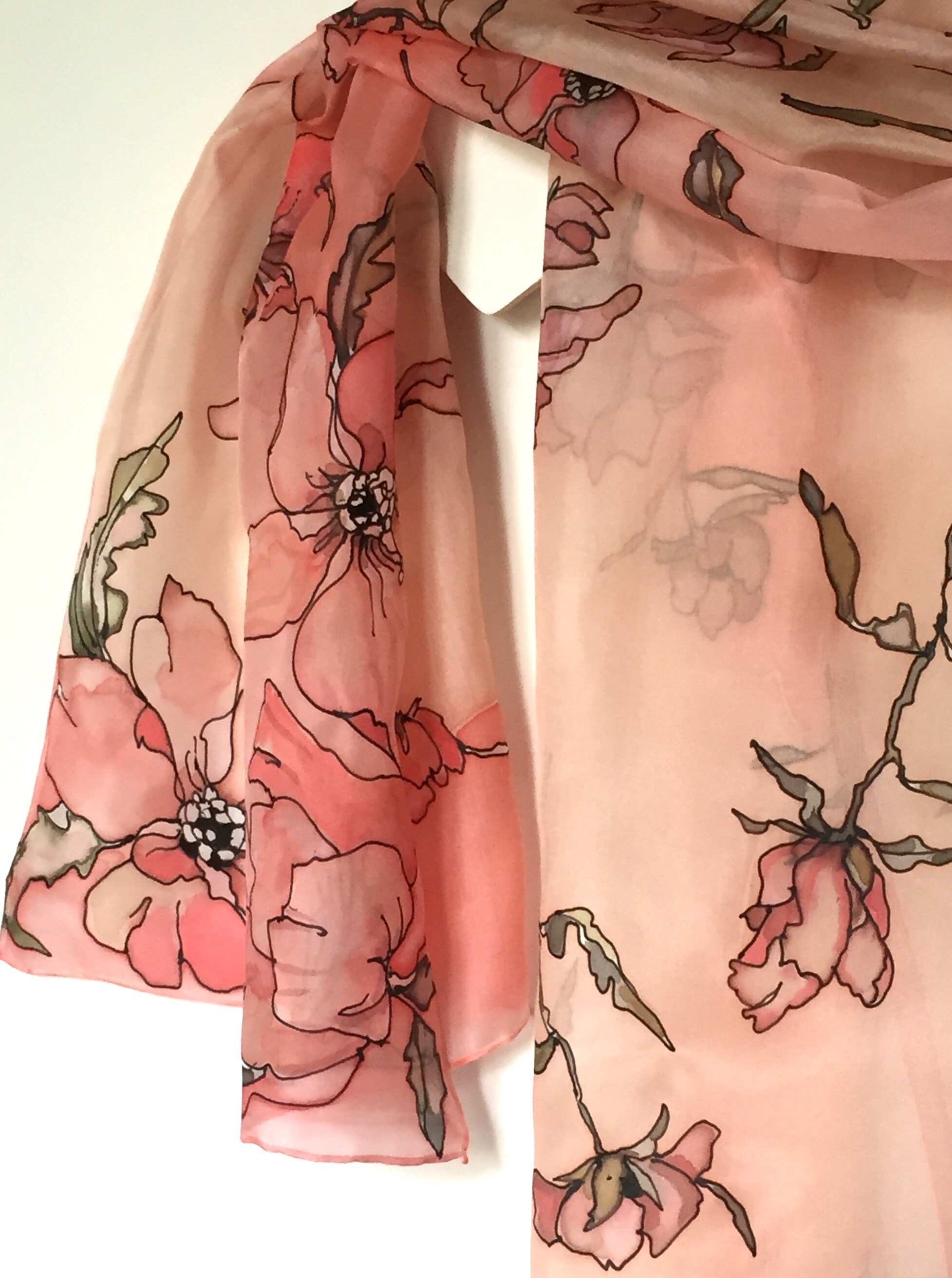 Coral pink floral scarf flower rings silk neck scarf hand | Etsy