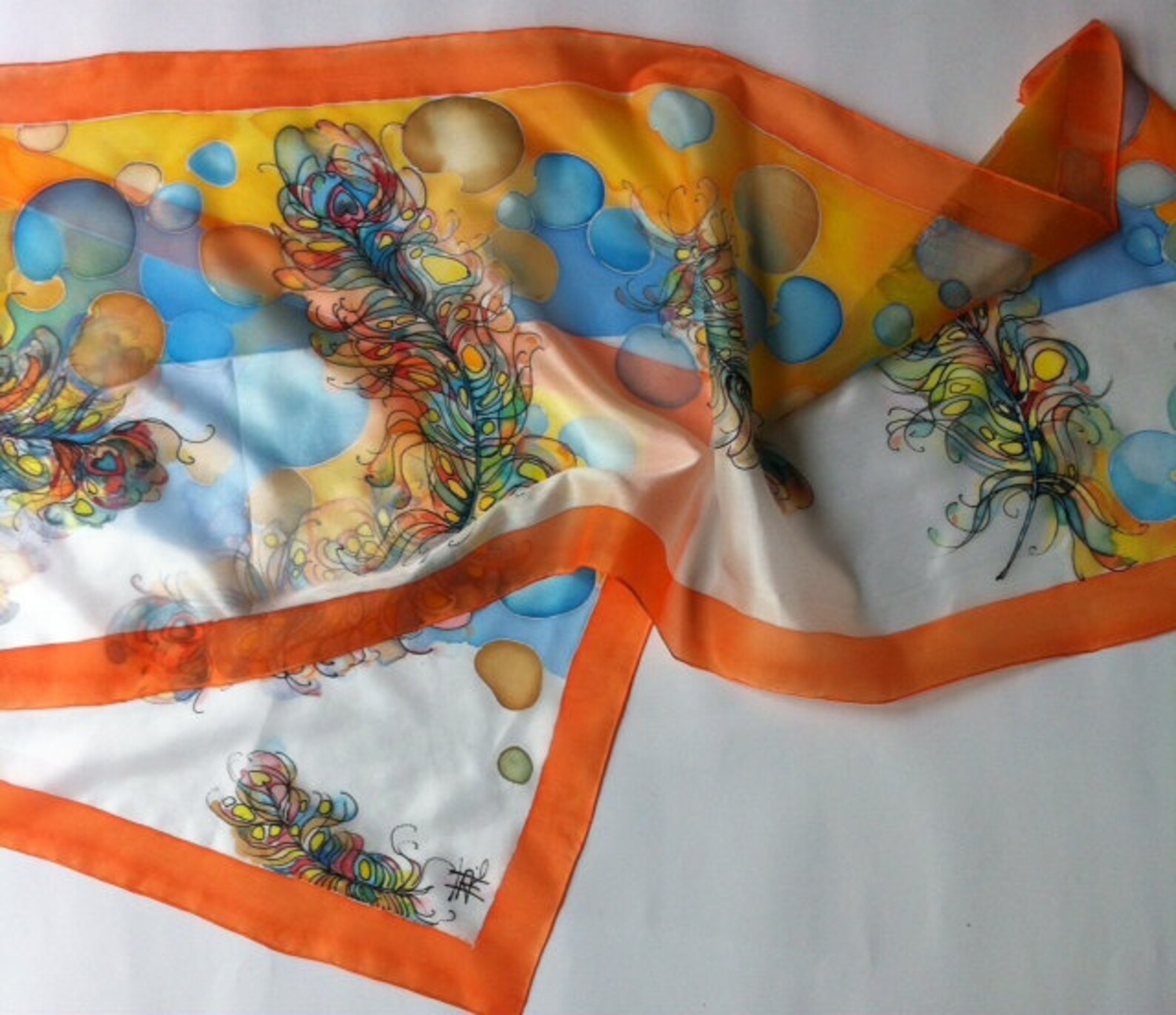 Hand Painted Silk Scarf: Orange Feather Skinny Neck Scarf - Etsy