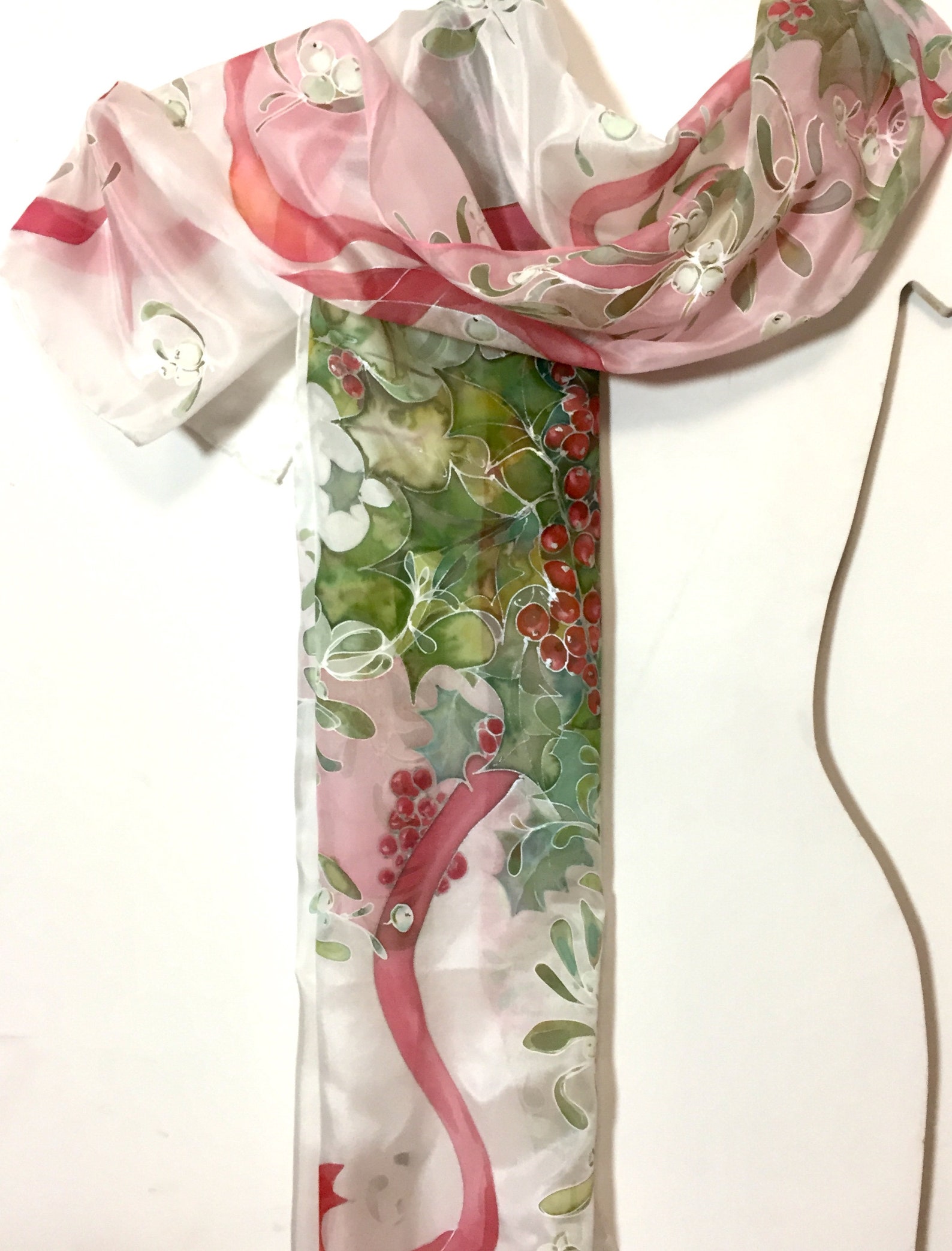 Silk Scarf Hand Painted Holly Berry Leaves Mistletoe - Etsy