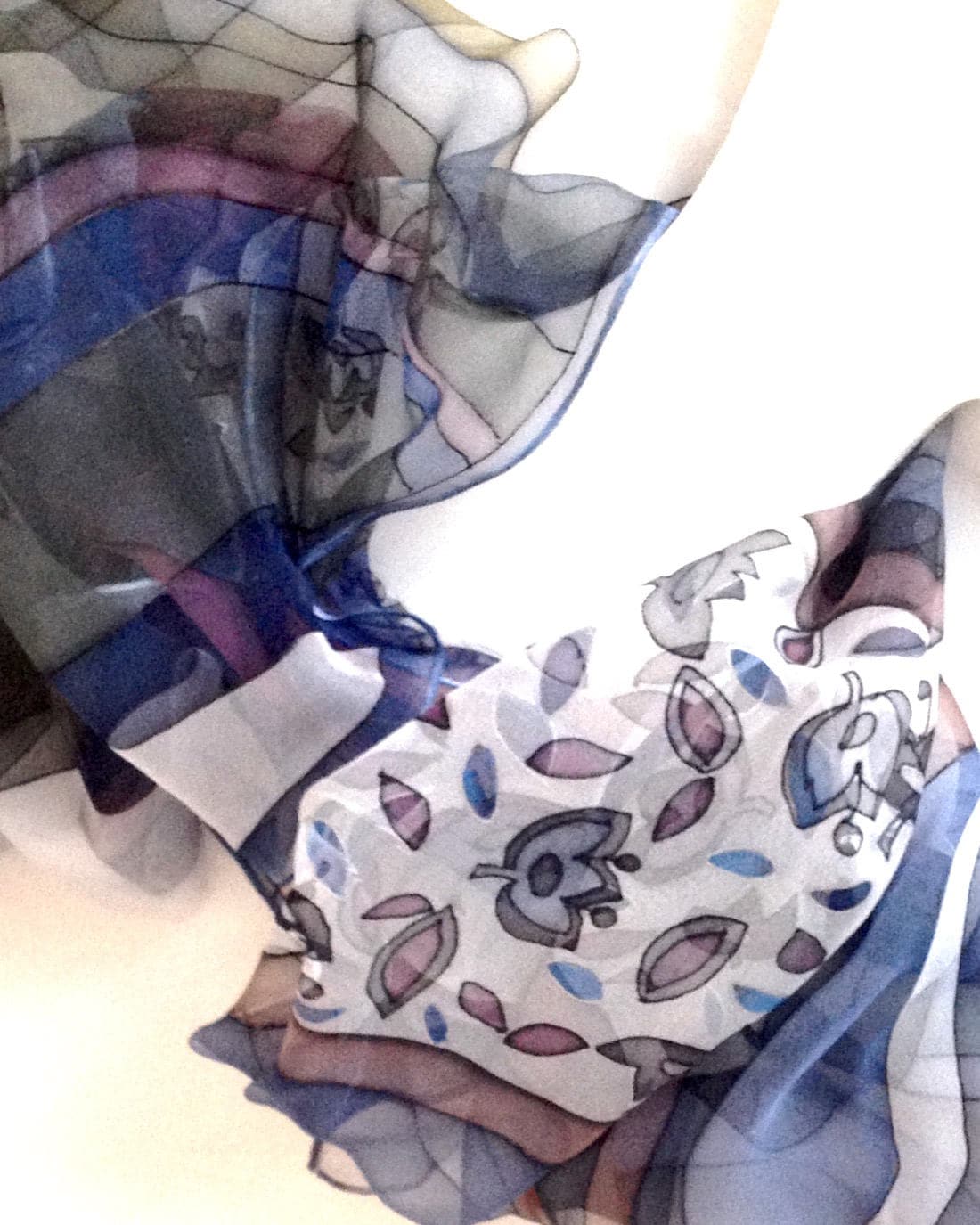 Silk Scarf With Black Violet and Blue Flowers on Chiffon Silk Hand ...