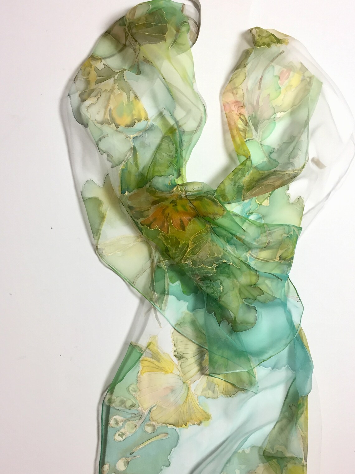 Silk Scarf Hand Painted Ginkgo Leaves Pattern Unique - Etsy