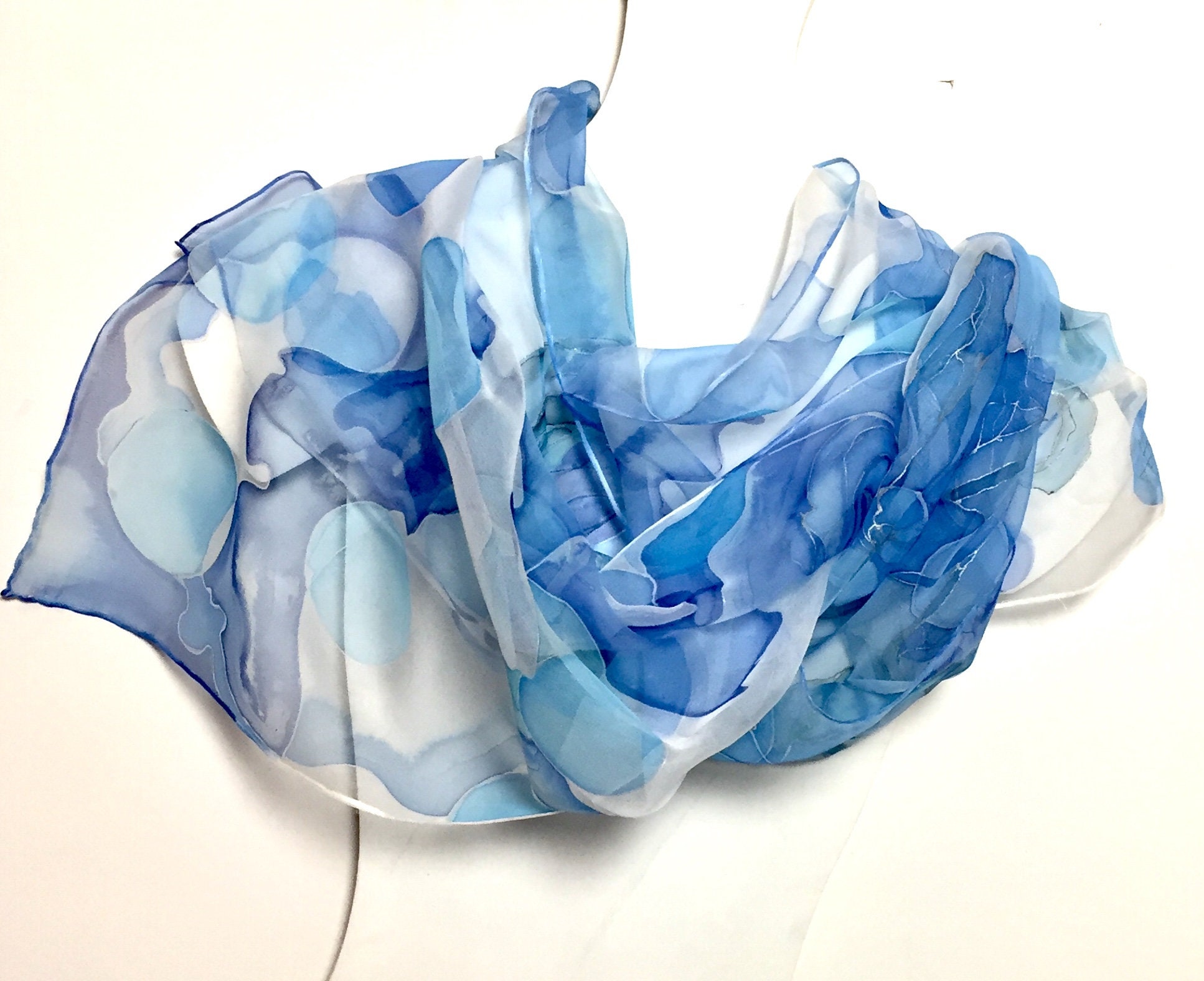 Blue Silk Scarf White With Blue Bubbles Scarf Blue Flowers Scarf Silk ...
