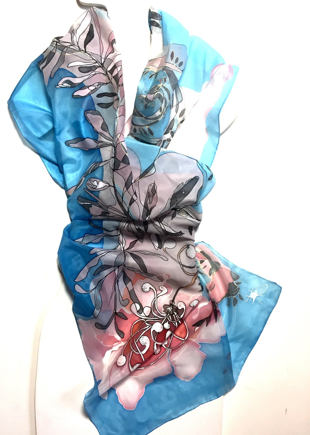 Hand-painted Silk Scarf: Blue Floral Shawl, Autumn Graphics - Etsy