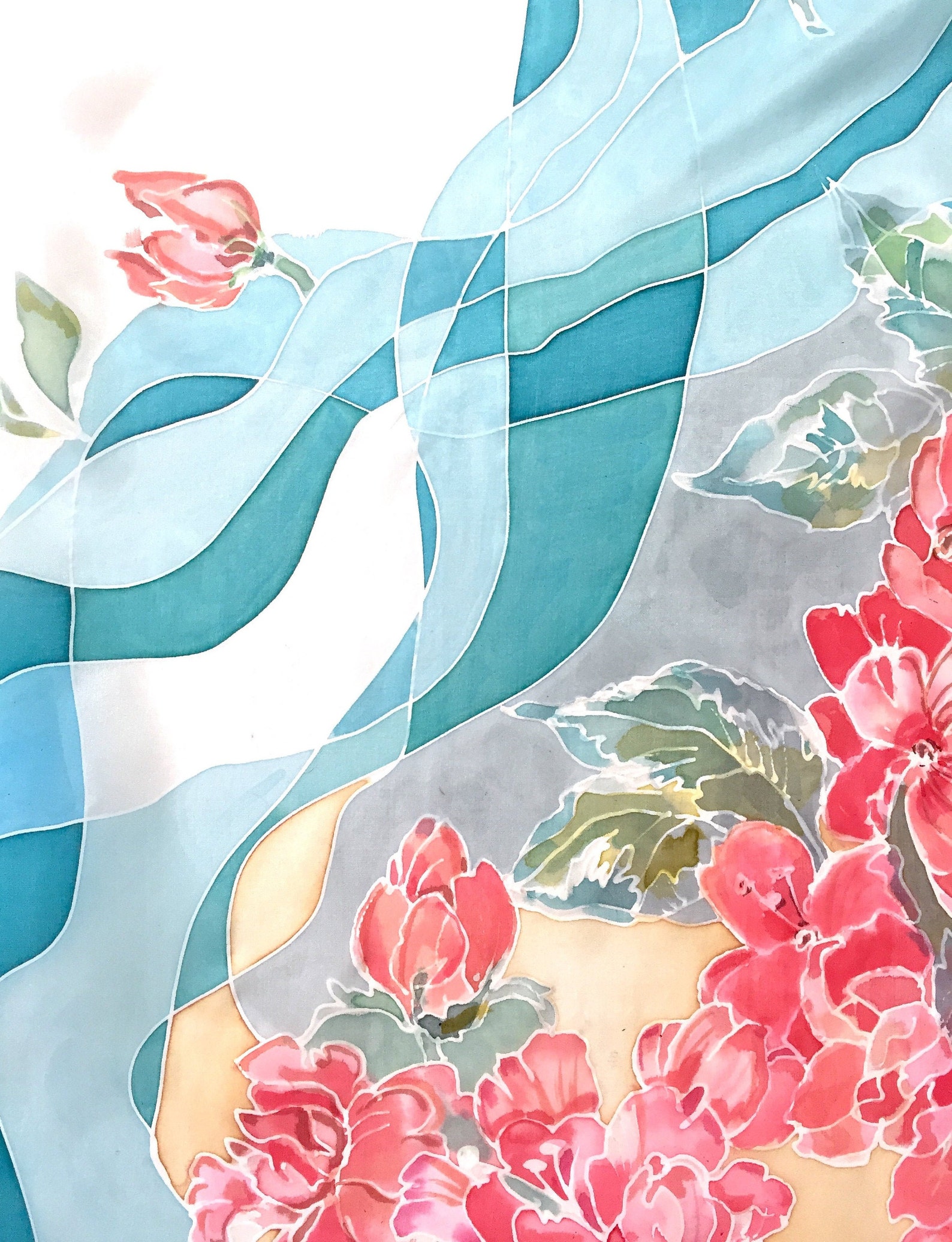 Handpainted Blue Background Silk Scarf With Apple Tree Blossoms Floral ...