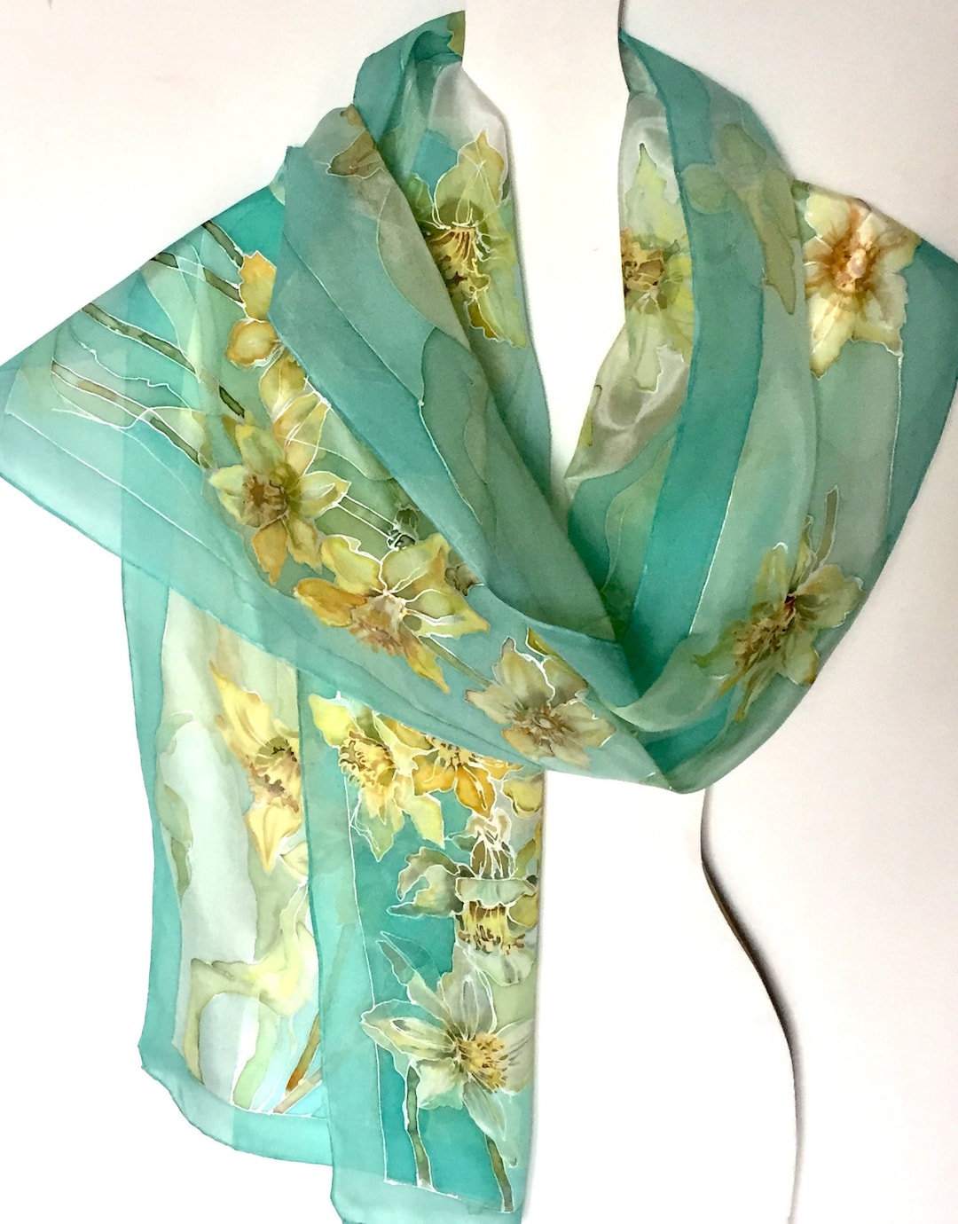 Silk Scarf Yellow Daffodils, Green Silk Scarf Daffodil Flowers - Hand ...