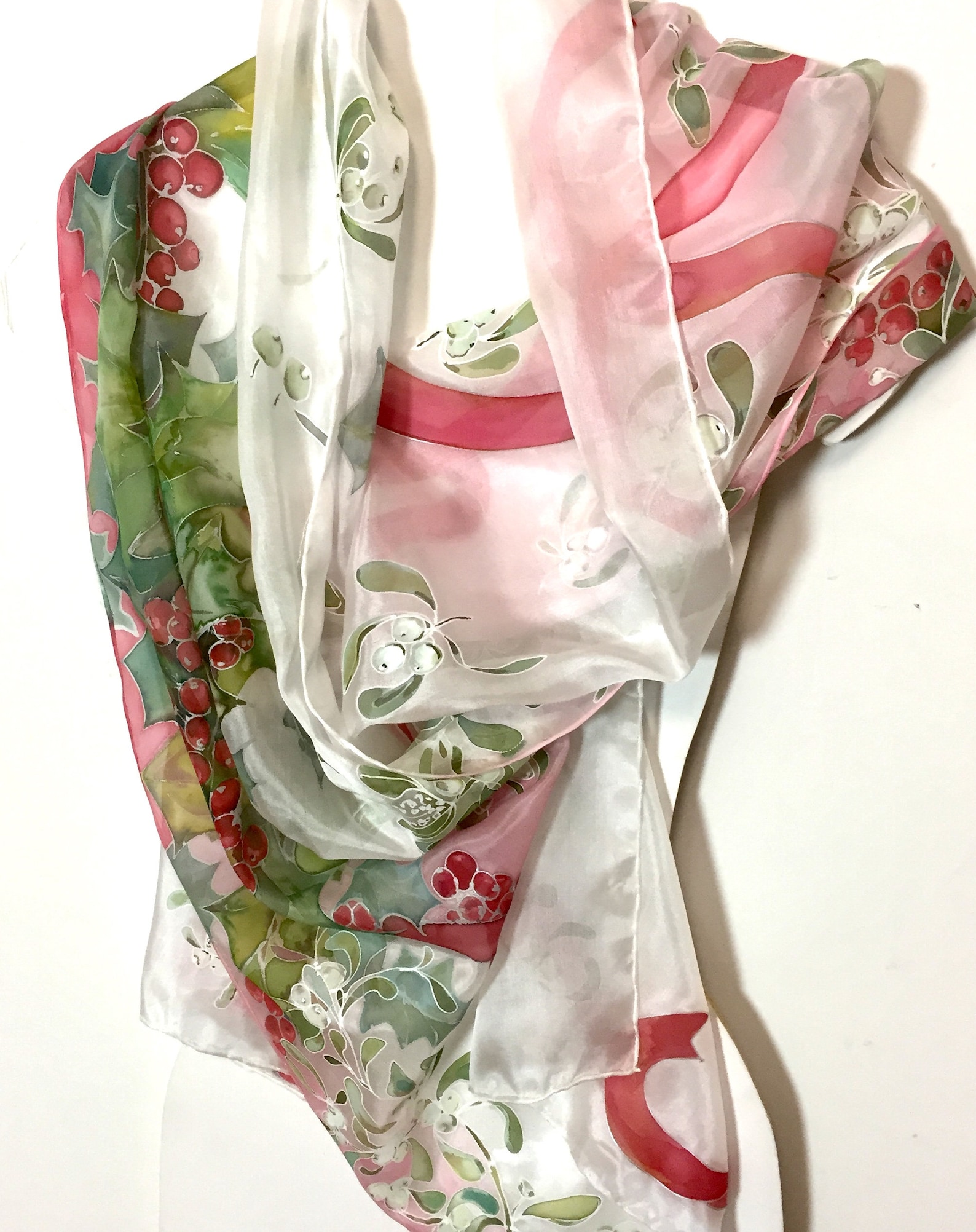 Silk Scarf Hand Painted Holly Berry, Leaves Mistletoe Plant Christmas ...