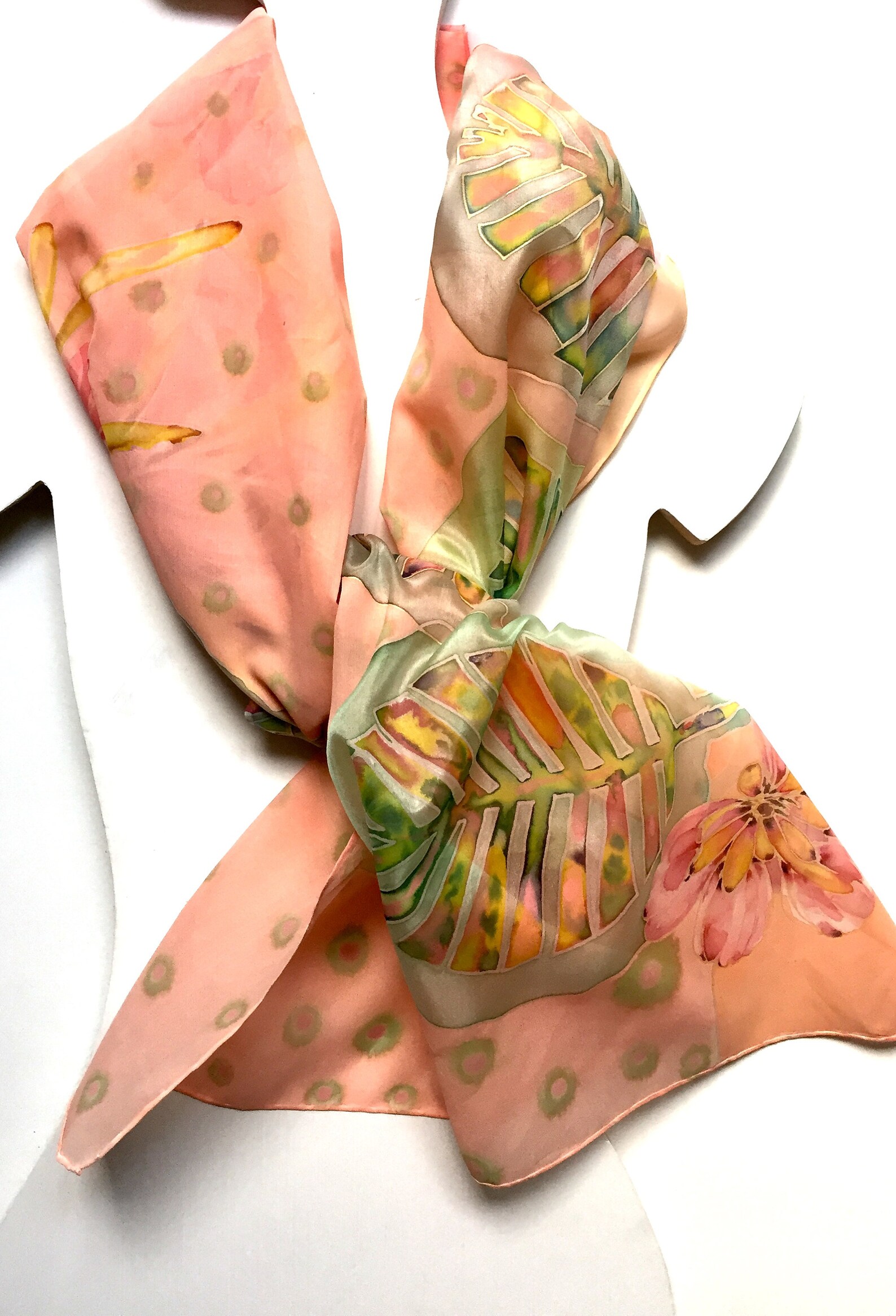 Silk Scarf Floral Silk Scarf Coral Pink Scarf Neck Scarf - Etsy