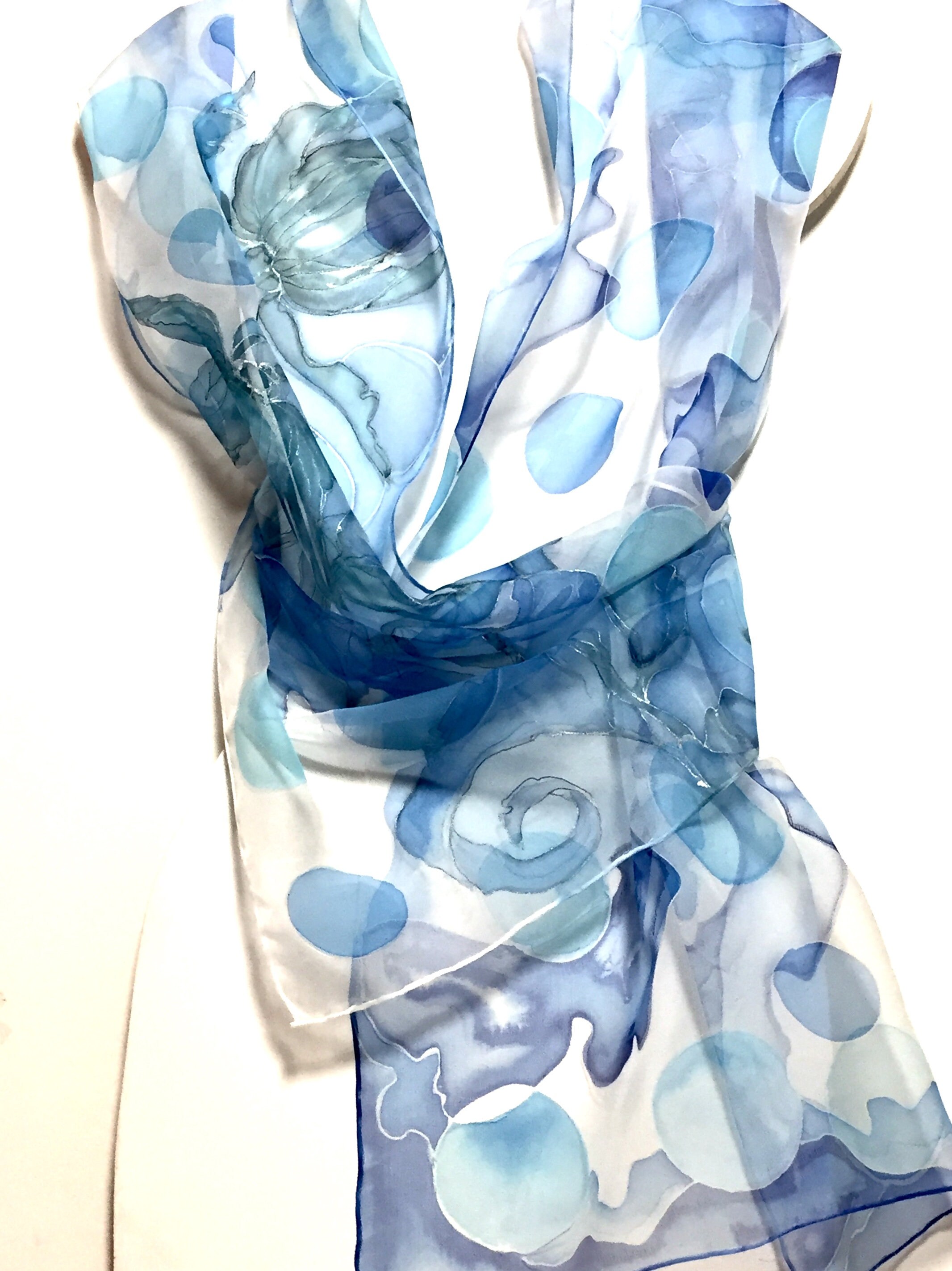 Blue Silk Scarf White With Blue Bubbles Scarf Blue Flowers Scarf Silk ...