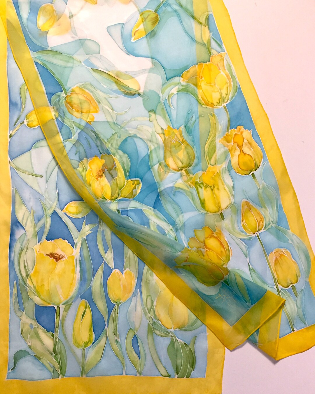 Tulip Silk Scarf, Hand Painted Floral Silk Scarf With Tulip Blossoms ...