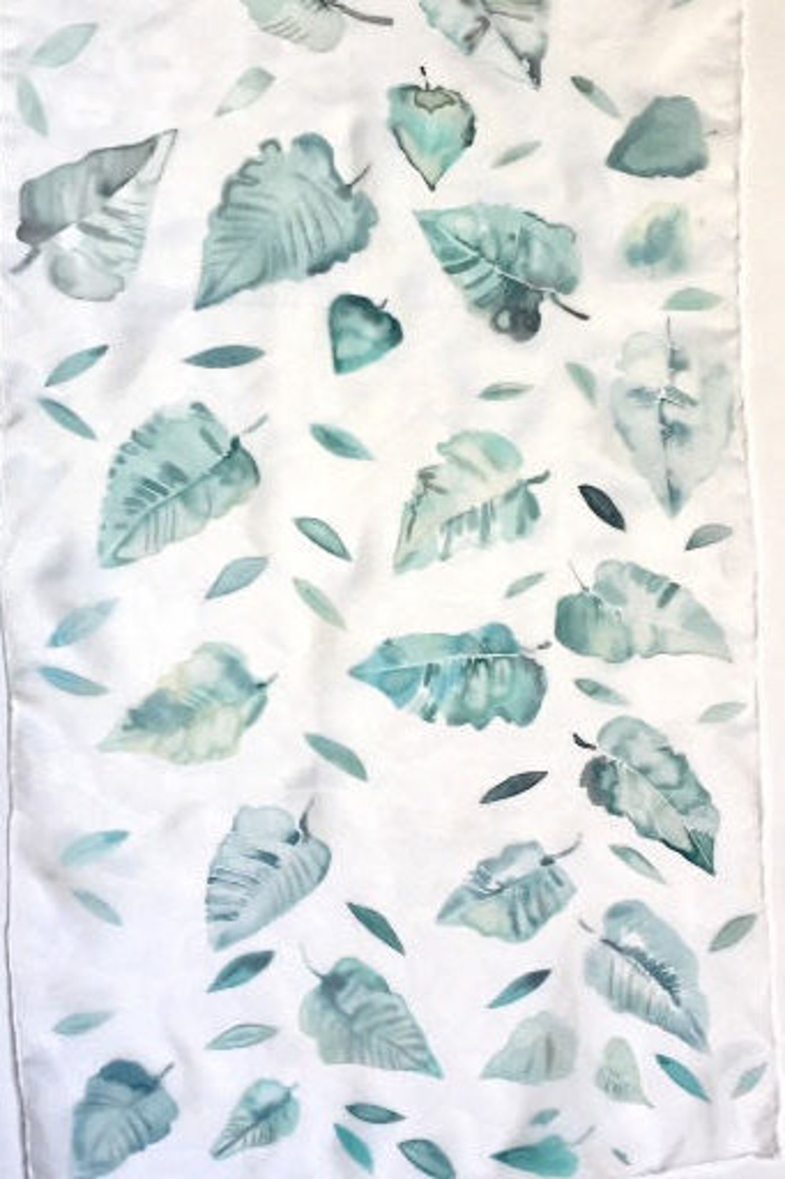 White Silk Scarf With Floral Mint Green Leaves Hand Painted - Etsy