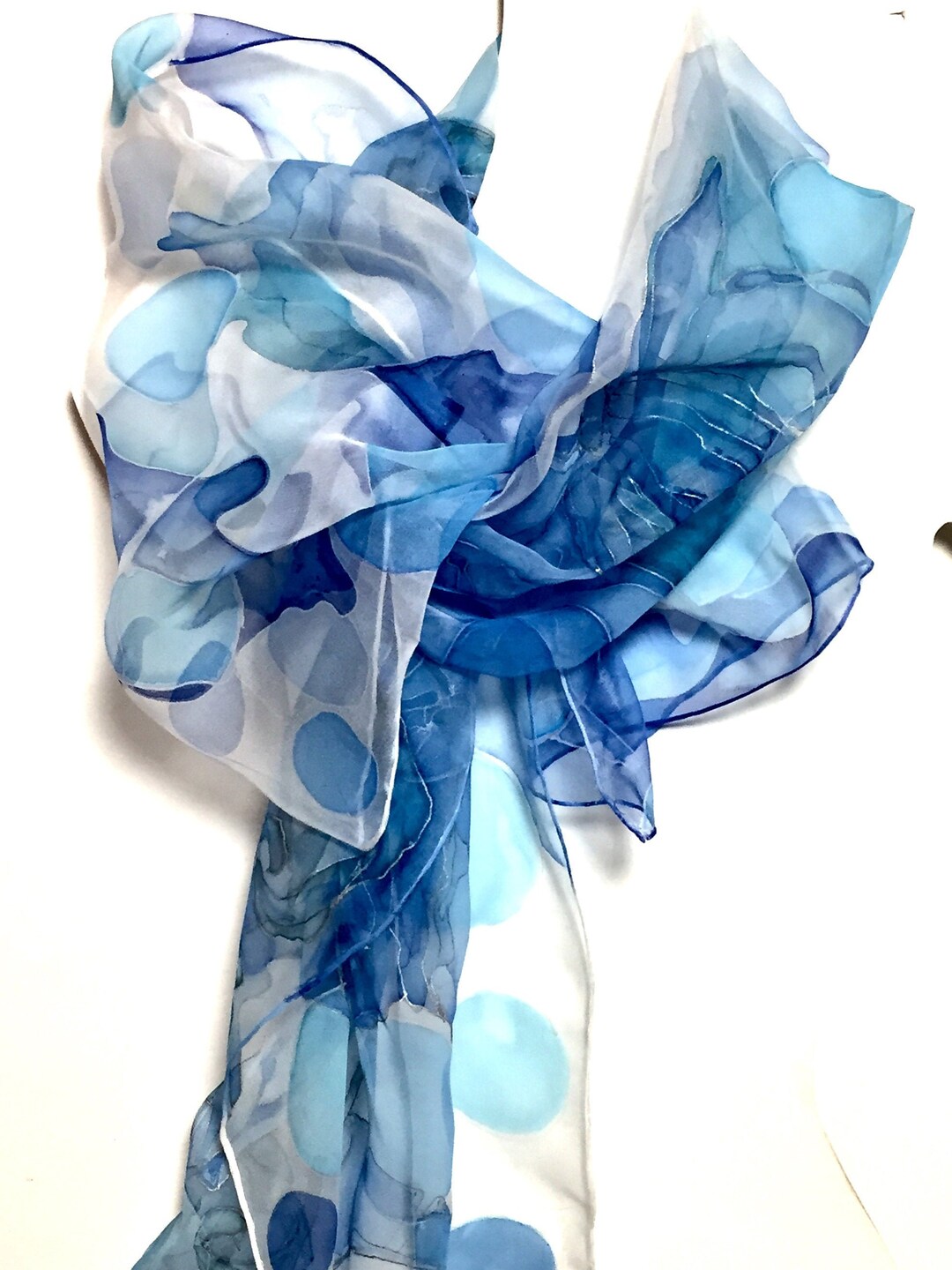 Blue Silk Scarf - White With Blue Bubbles Scarf - Blue Flowers Scarf ...