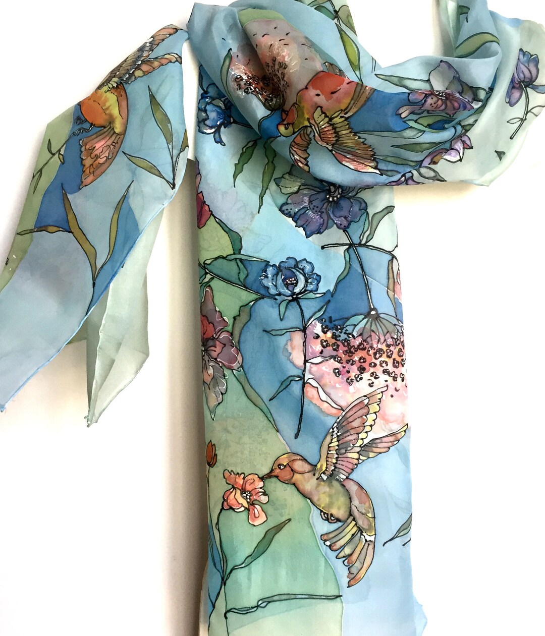 Colorful Silk Scarf, Birds and Flowers Design, Floral Scarf, Ladies ...