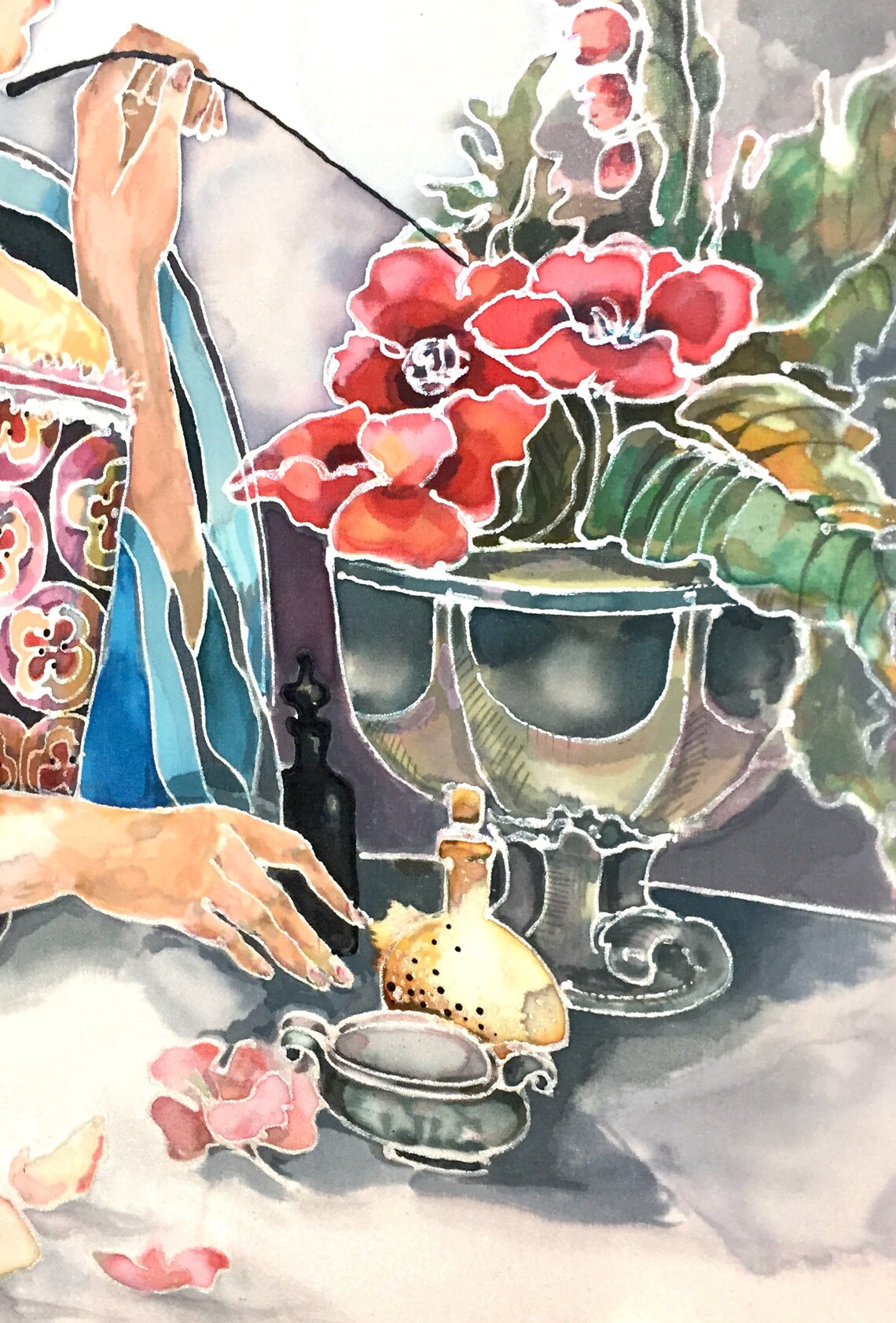 Woman and Flower Silk Painting: Home Decor Art (45 Cm X 34 Cm) - Etsy