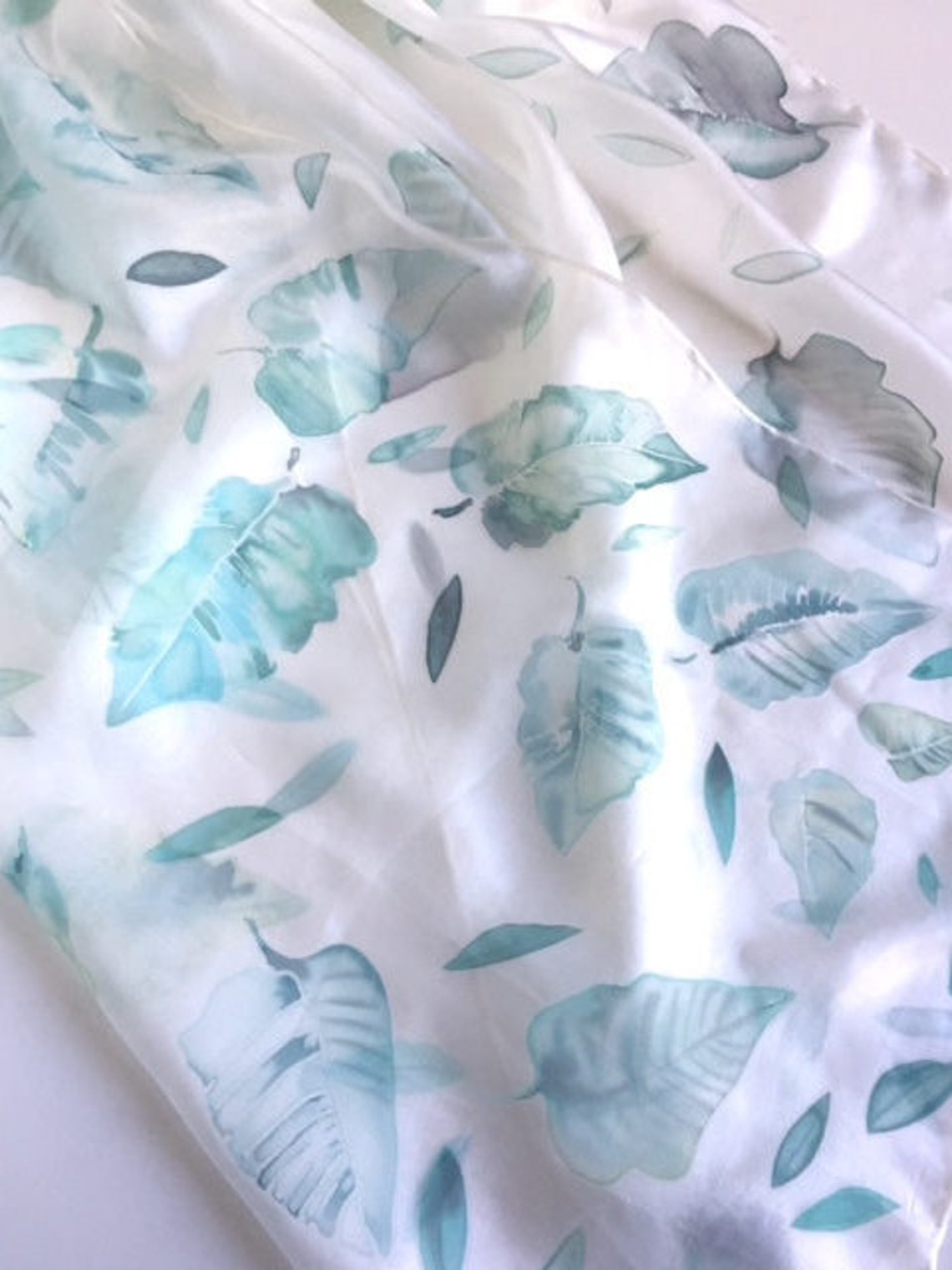 White Silk Scarf With Floral Mint Green Leaves Hand Painted - Etsy