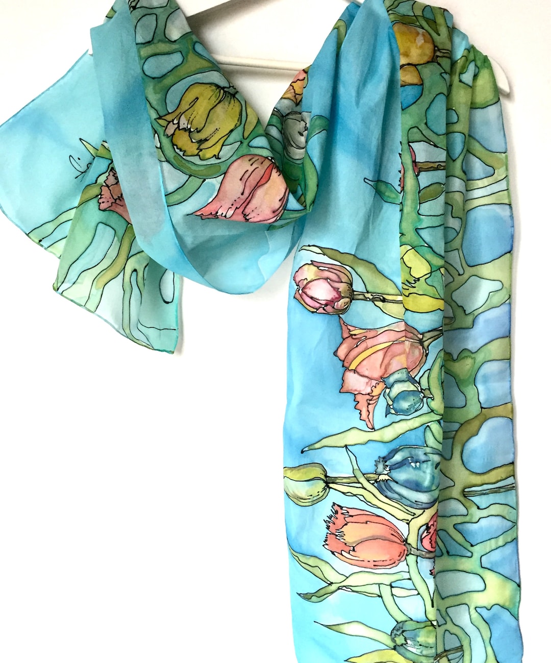Tulip Silk Scarf, Hand Painted, Floral Silk Scarf With Tulip Blossoms ...