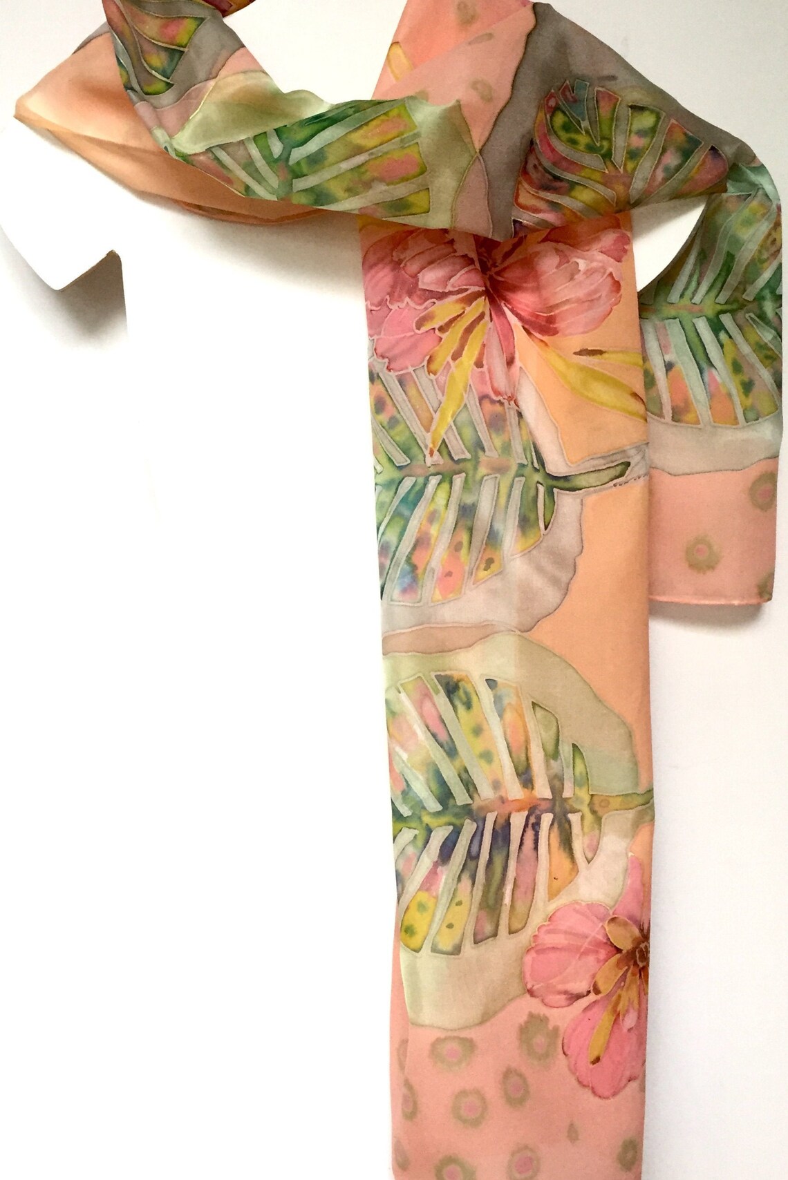 Silk Scarf- Floral Silk Scarf- Coral Pink Scarf- Neck Scarf- Hand ...