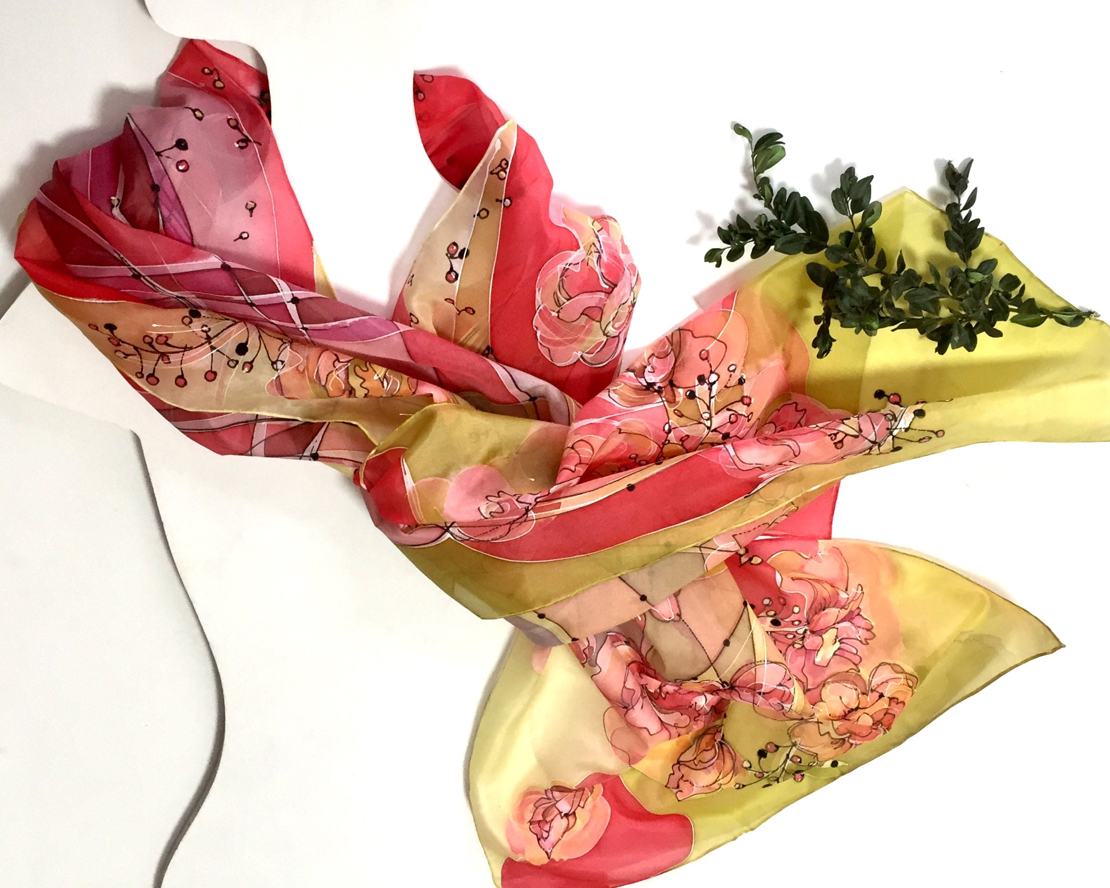 Silk scarf hand painted red color rose flowers floral silk | Etsy