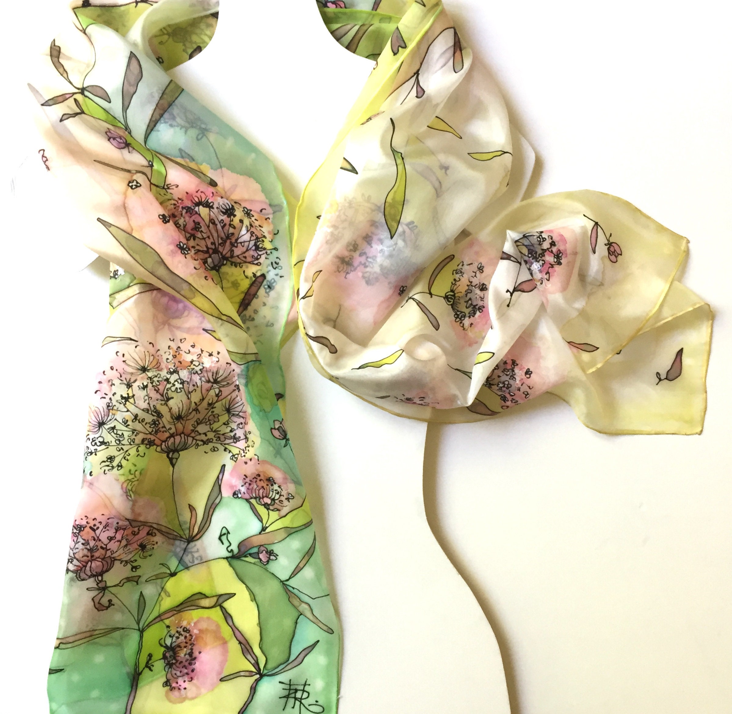Silk Scarf Hand Painted Pink Yellow Floral Silk Scarf Hand - Etsy