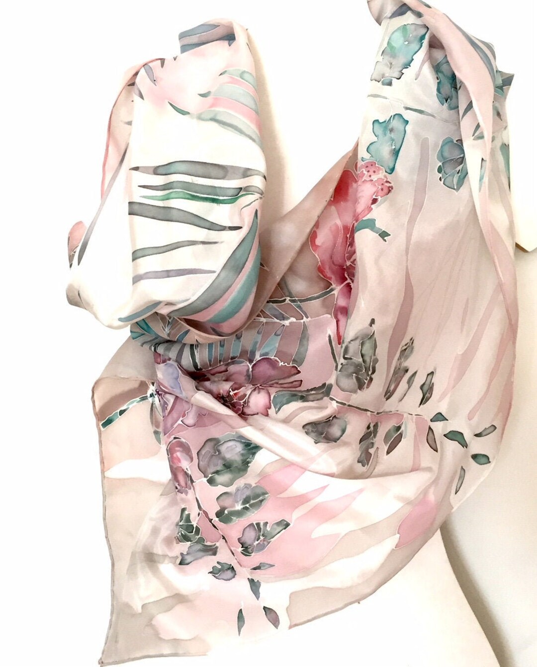 Handpainted Pink Silk Scarf – Floral Silk Wrap – 100% Silk Scarf 8x72 ...