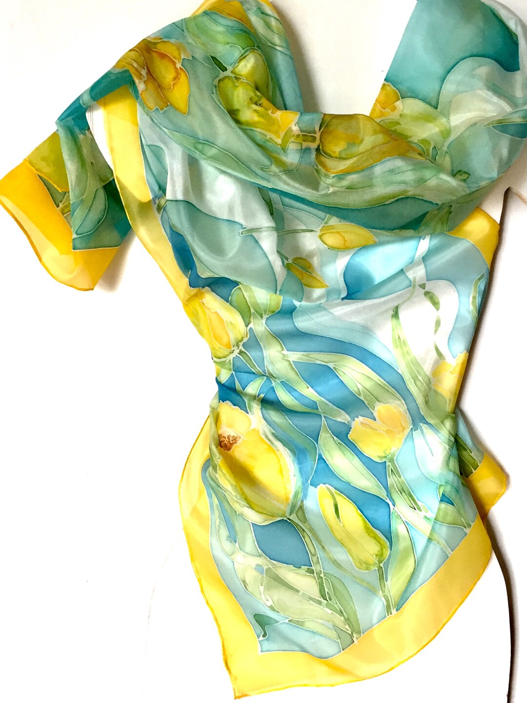 Hand-painted Yellow Tulip Silk Scarf - Blue Silk Wrap With Yellow ...