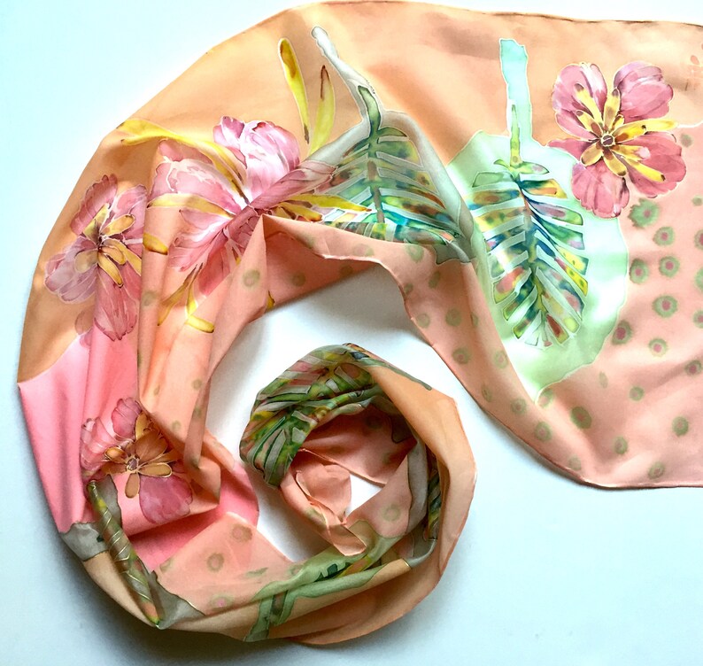 Silk Scarf Floral Silk Scarf Coral Pink Scarf Neck Scarf - Etsy