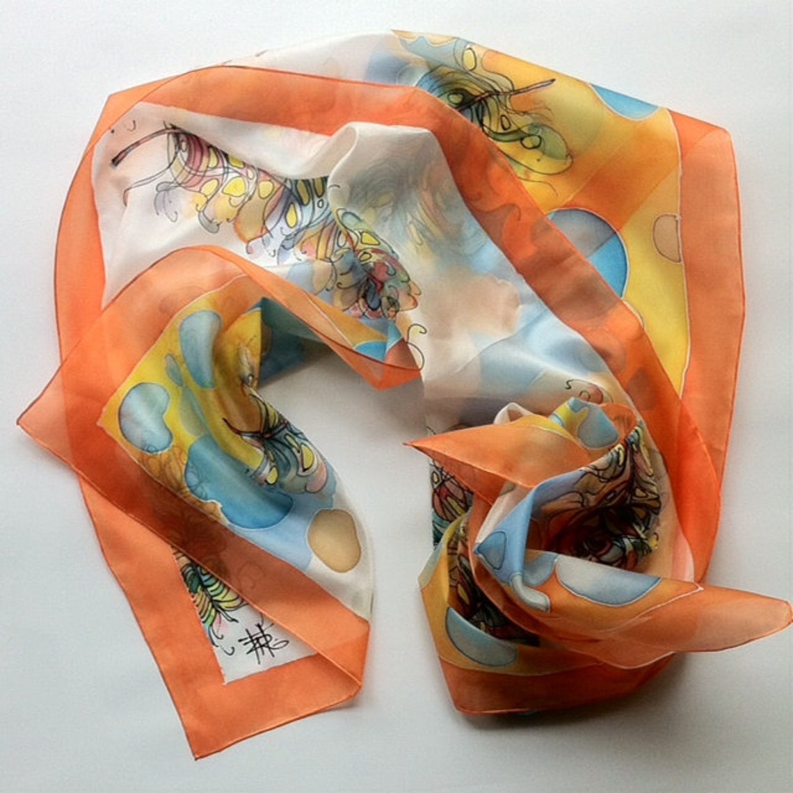 Hand Painted Silk Scarf: Orange Feather Skinny Neck Scarf - Etsy