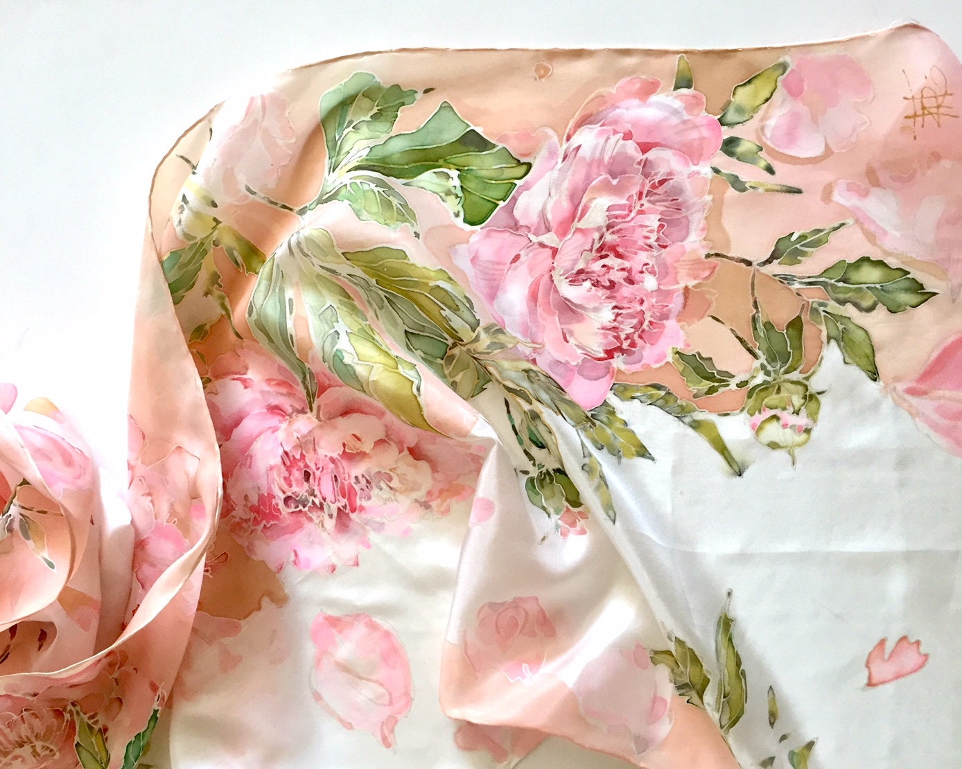 Pink Silk Scarf, Peonies Blossoms, Silk Neck Scarf, Hand Painted Scarf ...