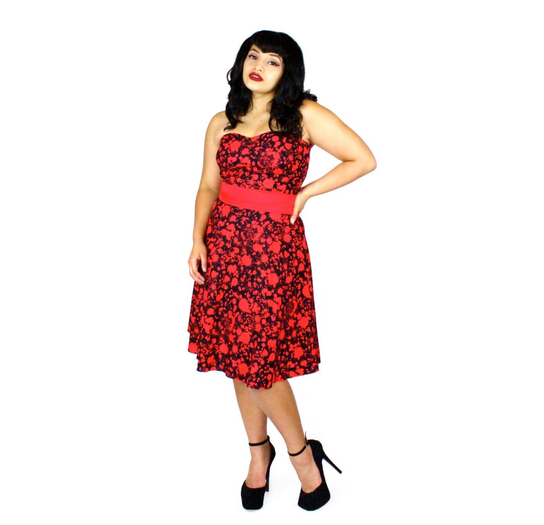 Red and Black Strapless Psychobilly Blood Splatter Dress / Zombie Dress ...