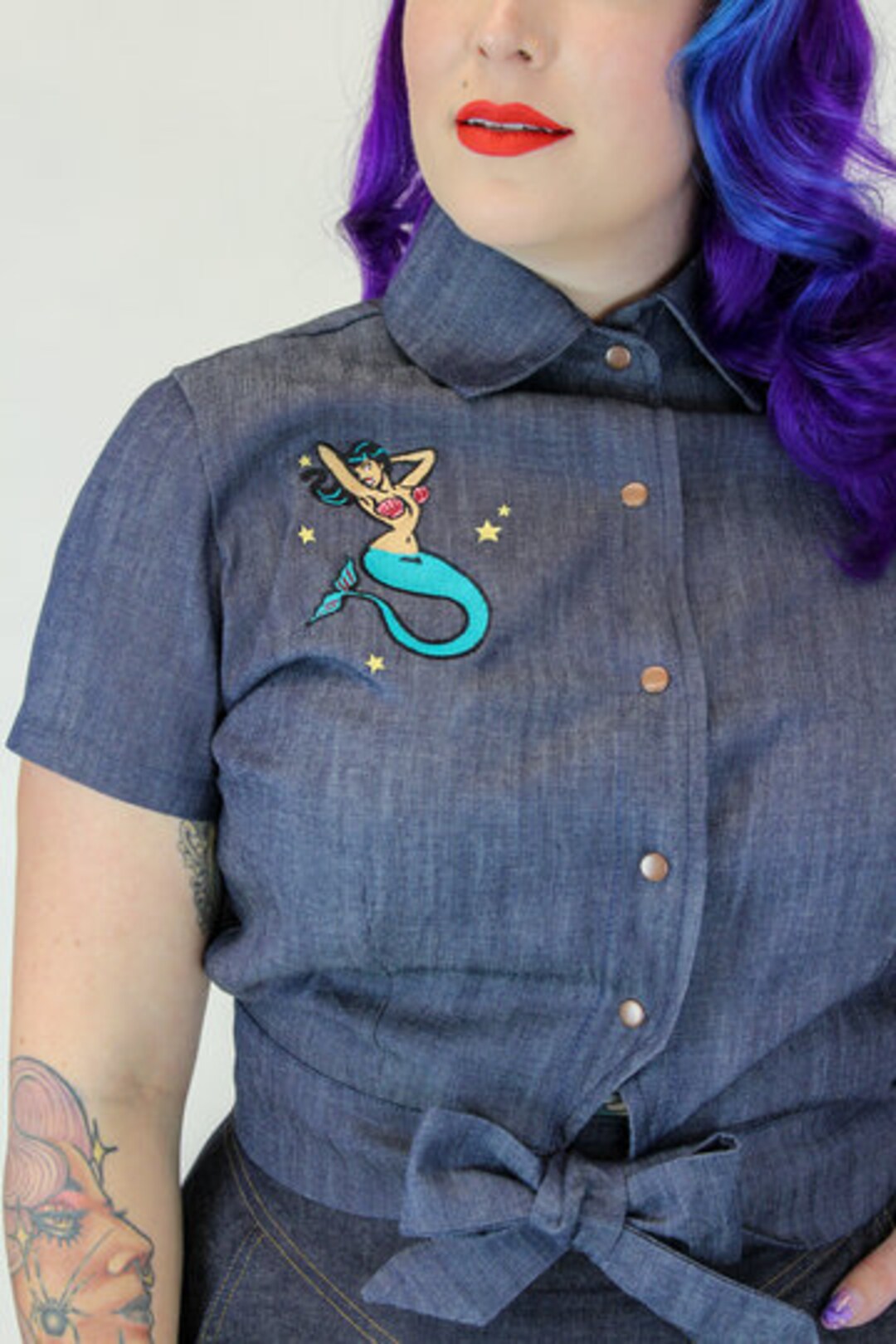 Mermaid Crop Top - Denim Knot Top With Embroidered Mermaid - Etsy