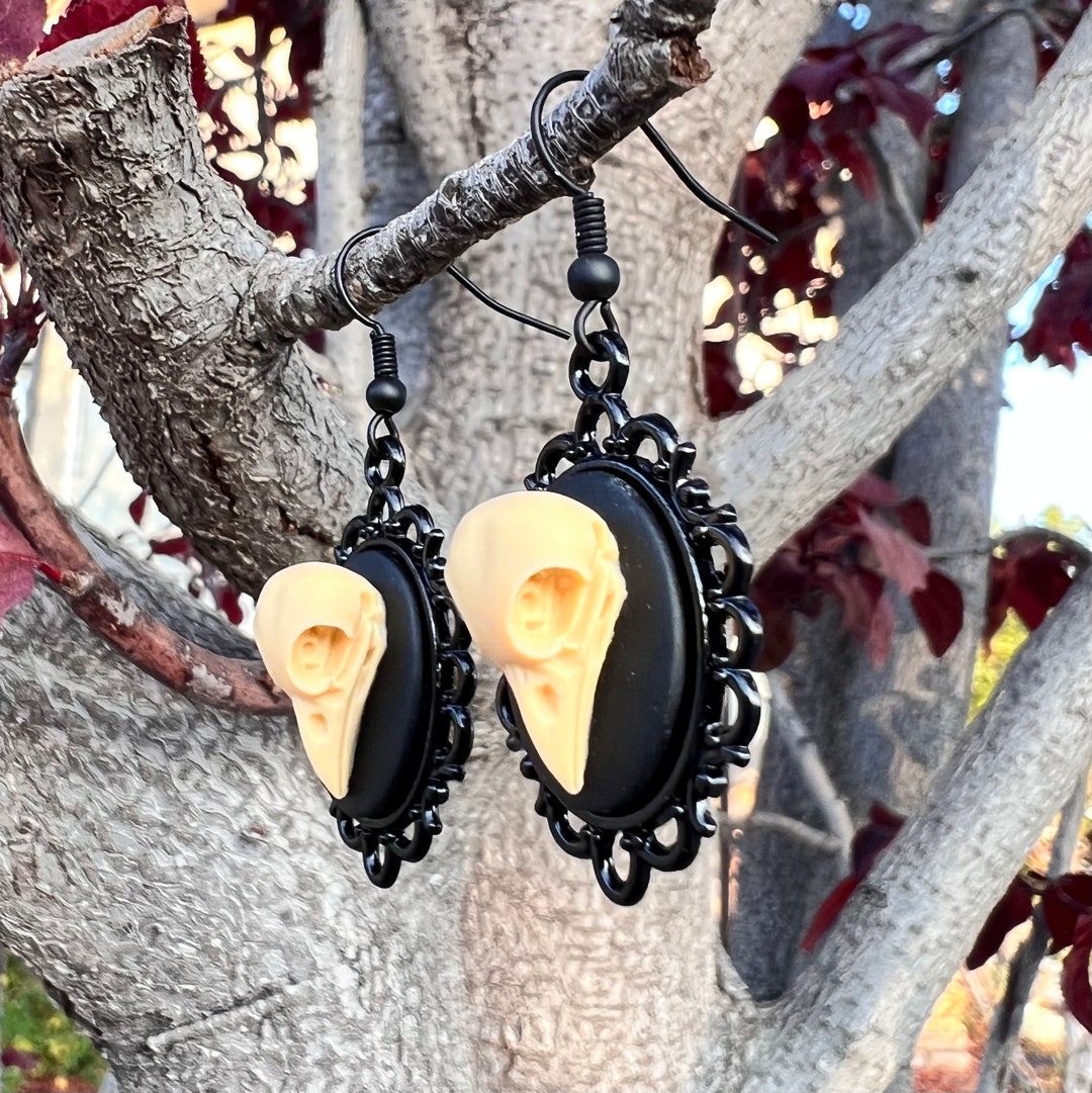 Edgar Allen Poe Inspired Raven Resin Skull Cameo Earrings - Etsy