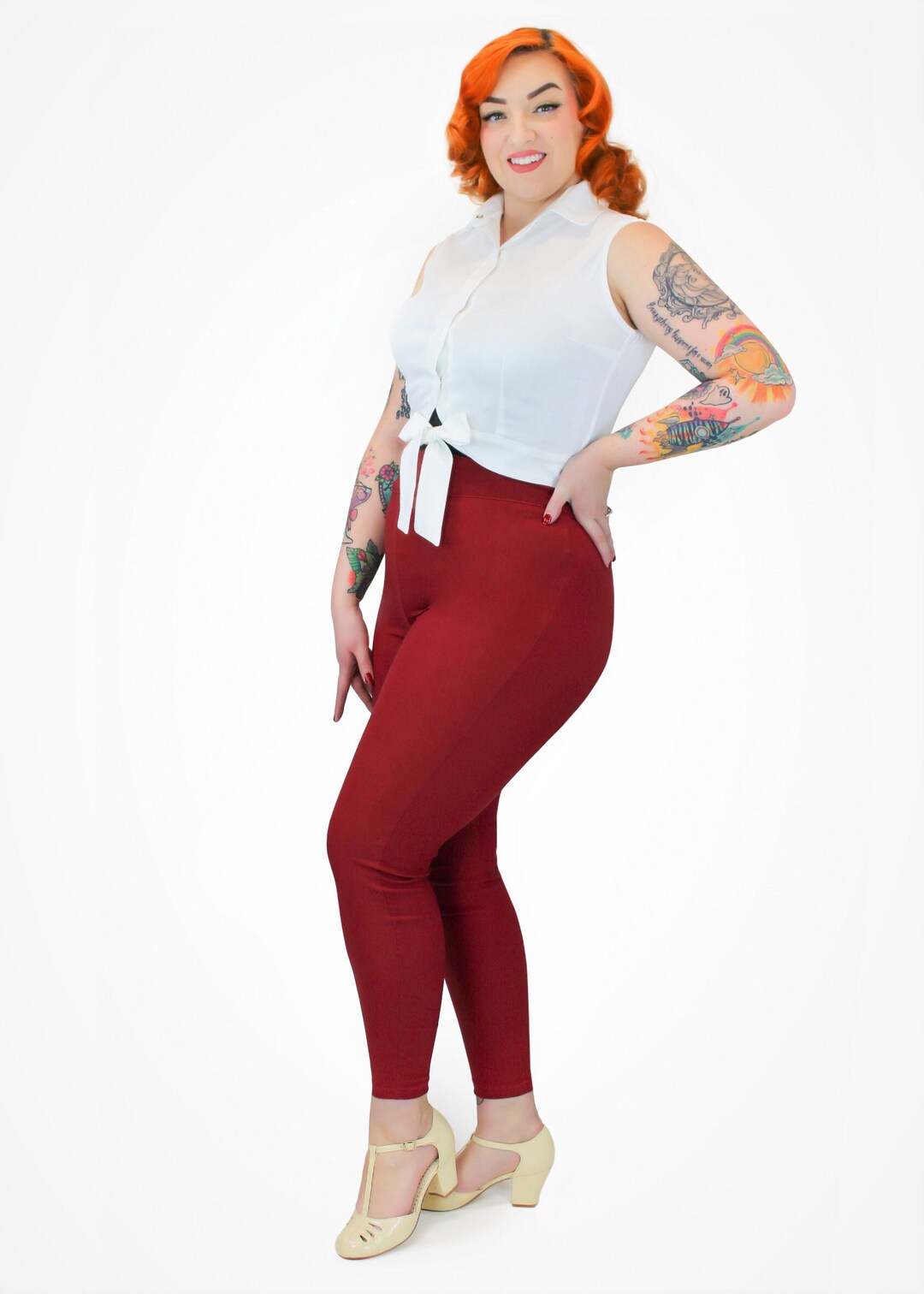 Pin up Pants, Burgundy Pin up High Waist Cigarette Pants - Etsy