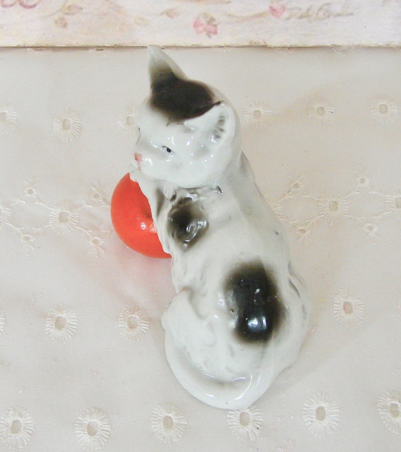 Vintage Porcelain Black and White Kitty Cat with Red Ball | Etsy