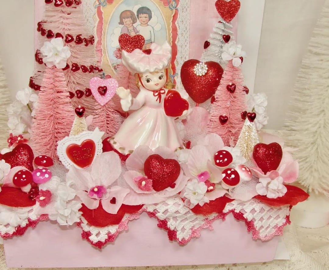 Vintage Lefton Valentine Angel Diorama Centerpiece, Pink and Red ...