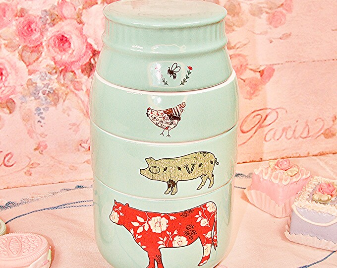 Teal Ceramic Measuring Cups Adorned With Farm Animals: Bee, Chicken ...