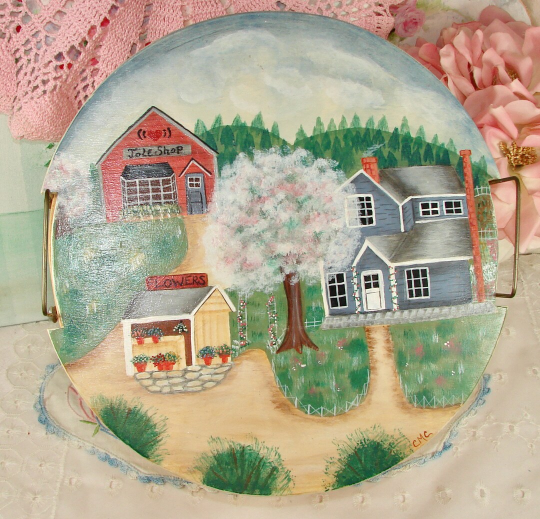 Vintage Hand Painted Spring Folk Art Round Tole Box With Lid, Round ...
