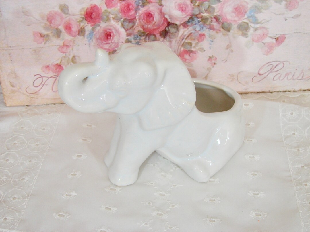 Vintage White Elephant Planter, Trunk Up - Etsy