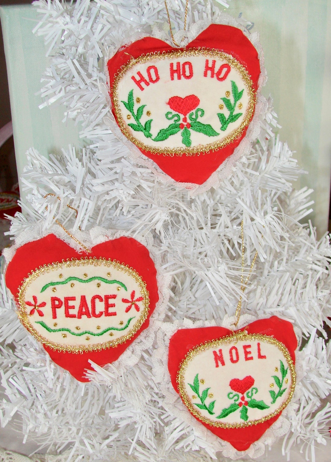 Vintage Embroidered Red Heart Christmas Three Ornaments, Set of Two or ...