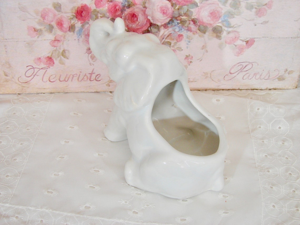 Vintage White Elephant Planter Trunk Up - Etsy