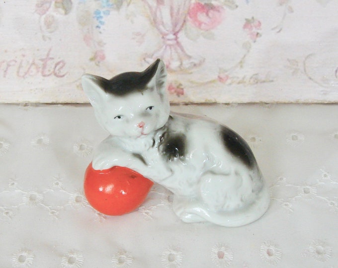 Vintage Porcelain Black and White Kitty Cat With Red Ball Ceramic ...