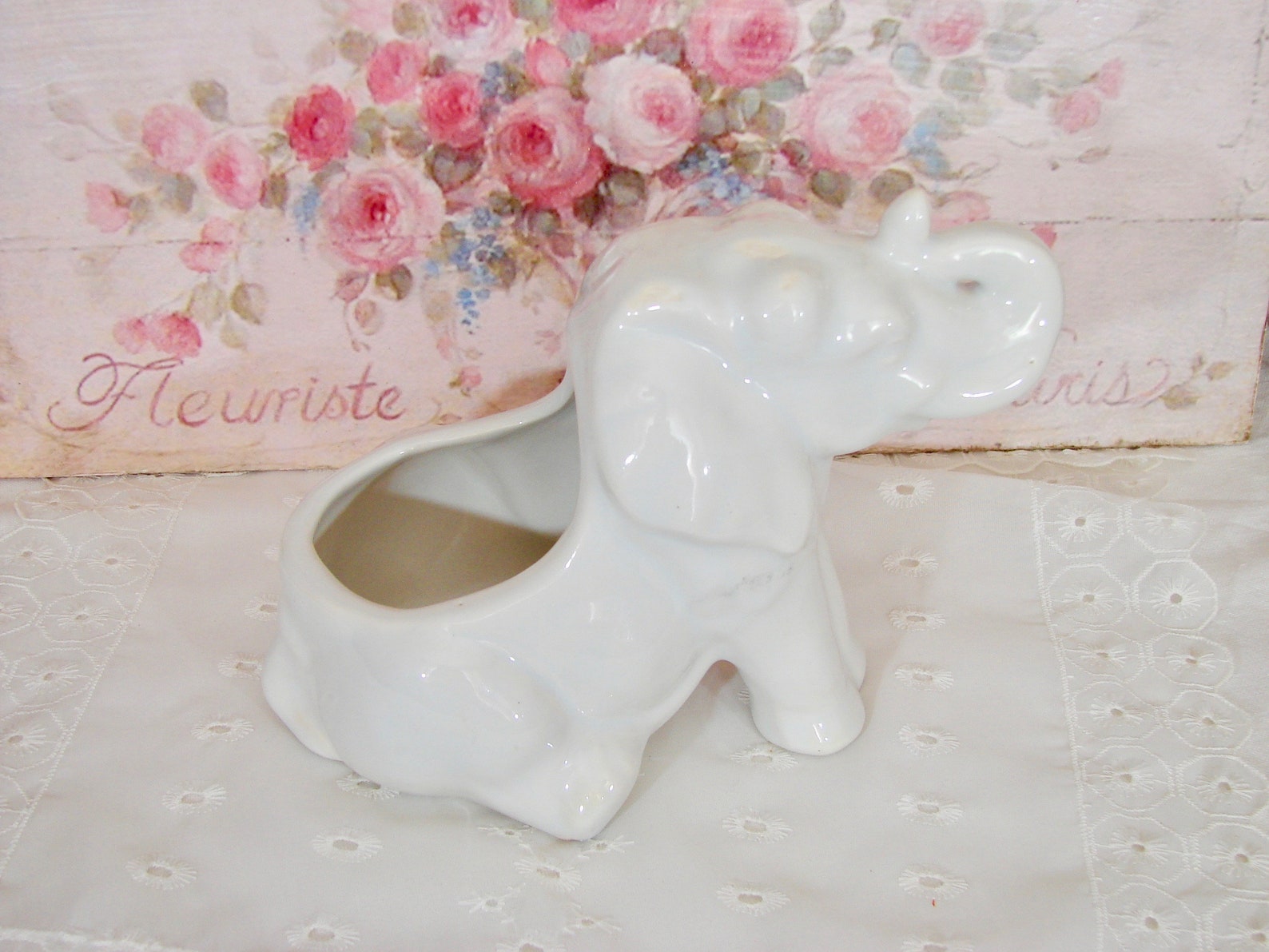 Vintage White Elephant Planter Trunk Up - Etsy